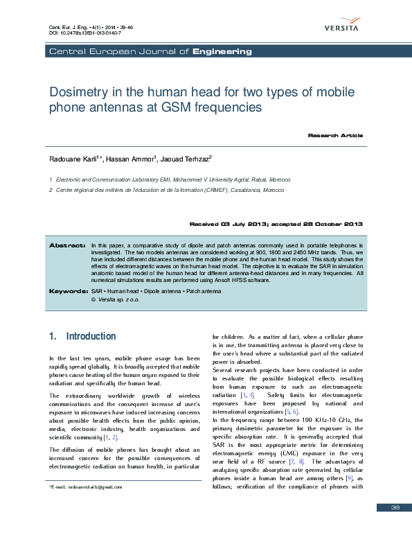 (PDF) Dosimetry in the human head for two types of mobile phone ...