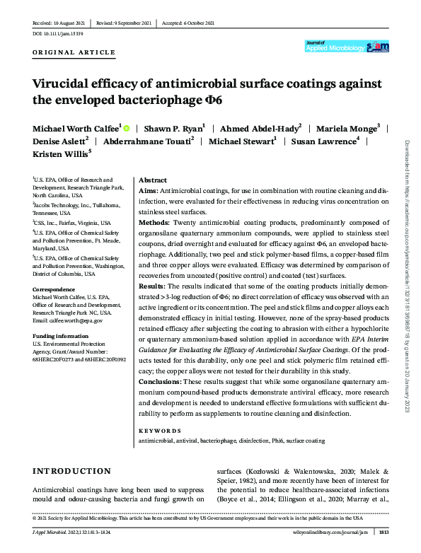 (PDF) Virucidal efficacy of antimicrobial surface coatings against the enveloped bacteriophage Φ6