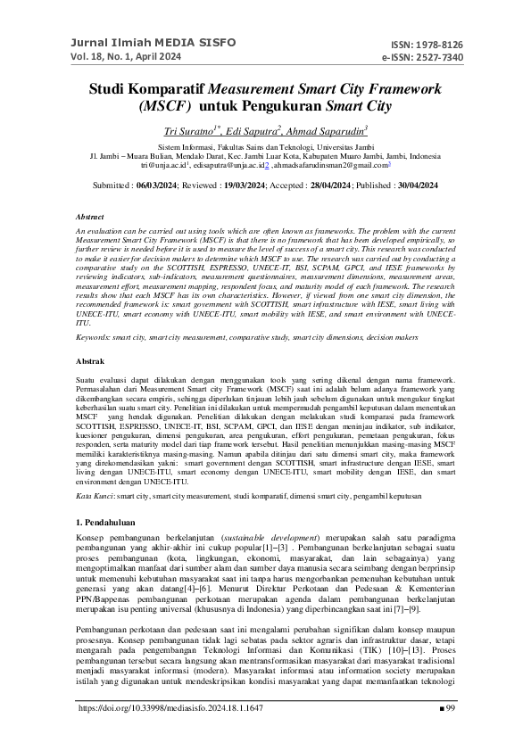 (PDF) Studi Komparatif Measurement Smart City Framework (MSCF) untuk Pengukuran Smart City