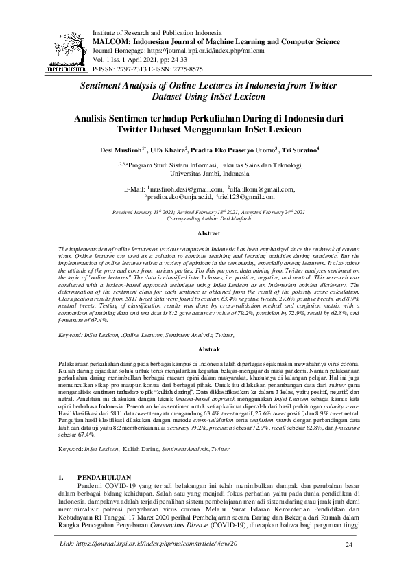 Pdf Analisis Sentimen Terhadap Perkuliahan Daring Di Indonesia Dari Twitter Dataset