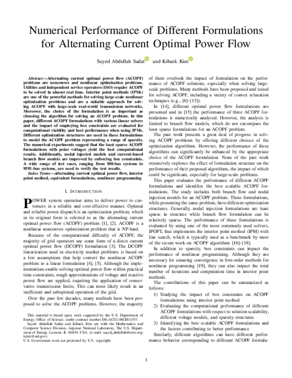 (PDF) Numerical Performance of Different Formulations for Alternating Current Optimal Power Flow