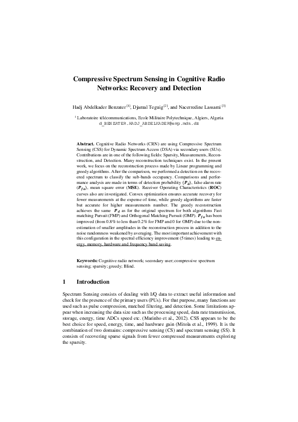 (PDF) Compressive Spectrum Sensing in Cognitive Radio Networks Recovery and Detection
