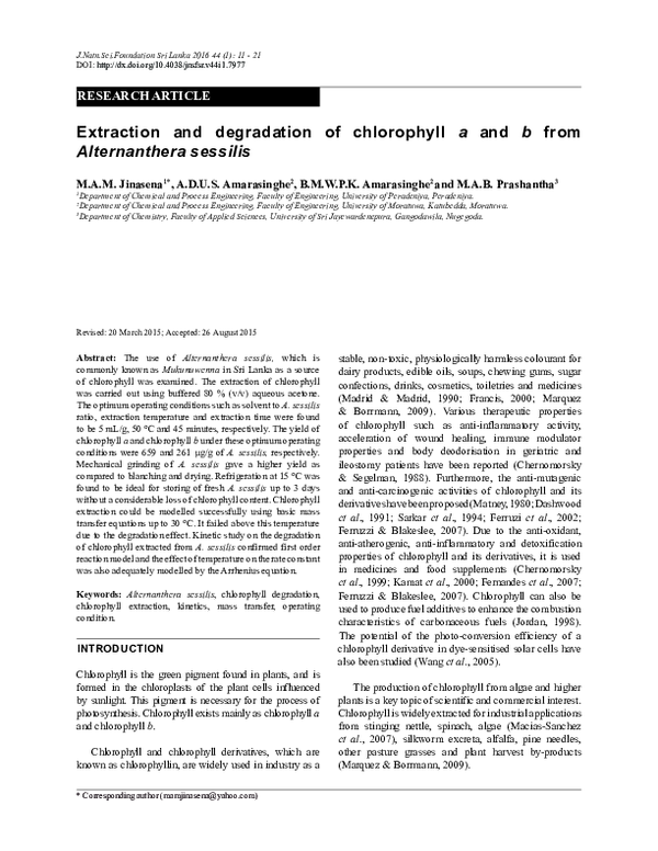 (PDF) Extraction and degradation of chlorophyll a and b from ...