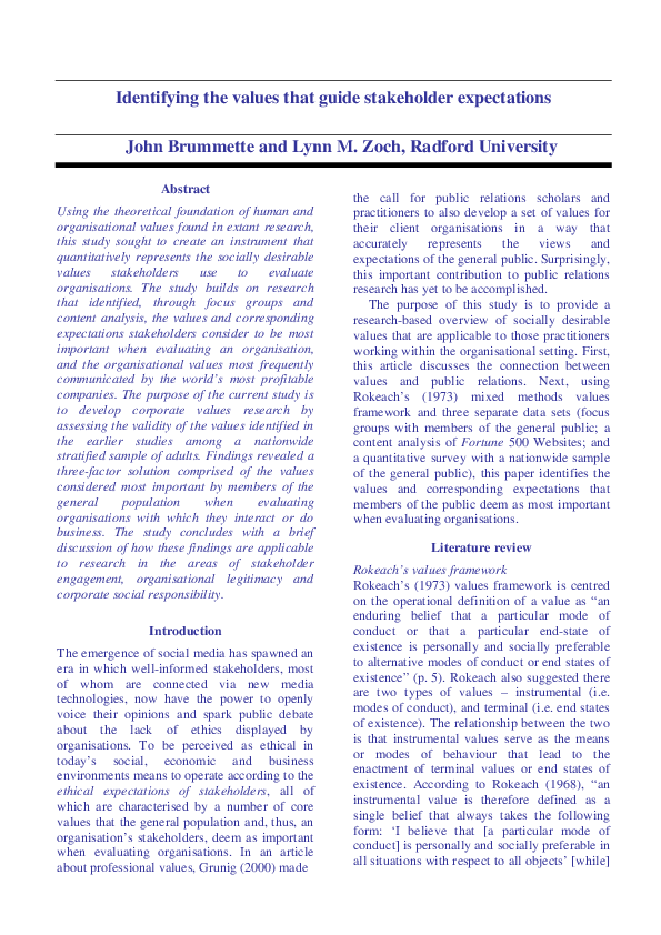 (PDF) Identifying the values that guide stakeholder expectations