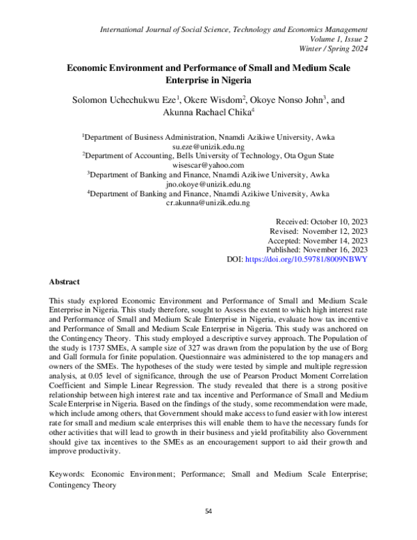 (PDF) Economic Environment and Performance of Small and Medium Scale Enterprise in Nigeria