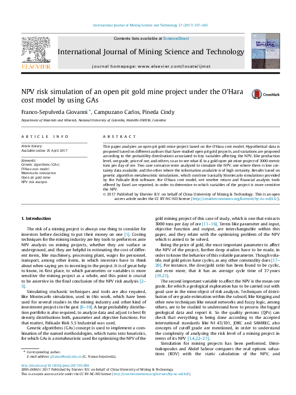 (PDF) NPV risk simulation of an open pit gold mine project under the O’Hara cost model by using GAs