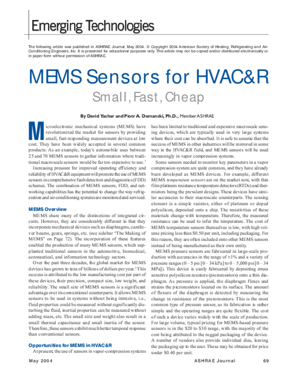 (PDF) MEMS Sensors for HVAC&R: Small, Fast, Cheap. | NIST | Piotr ...