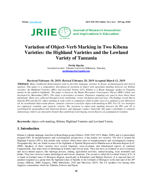 (PDF) Variation of Object-Verb Marking in Two Kibena Varieties: the ...