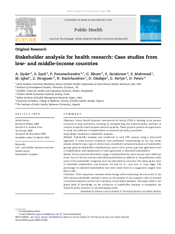 (PDF) Stakeholder analysis for health research: Case studies from low ...