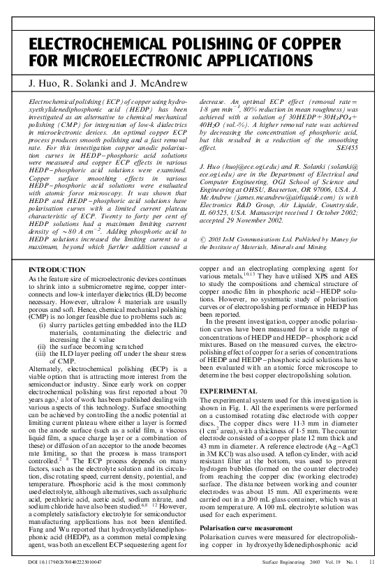 (PDF) Electrochemical Polishing of Copper for Microelectronic Applications