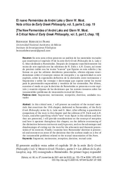 (PDF) El nuevo Parménides de André Laks y Glenn W. Most. Nota crítica ...