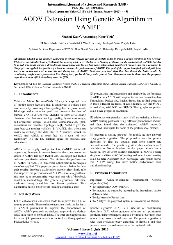 (PDF) AODV Extension Using Genetic Algorithm in VANET