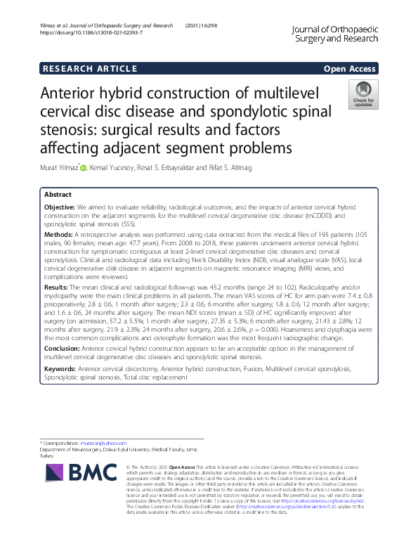 (PDF) Anterior hybrid construction of multilevel cervical disc disease ...