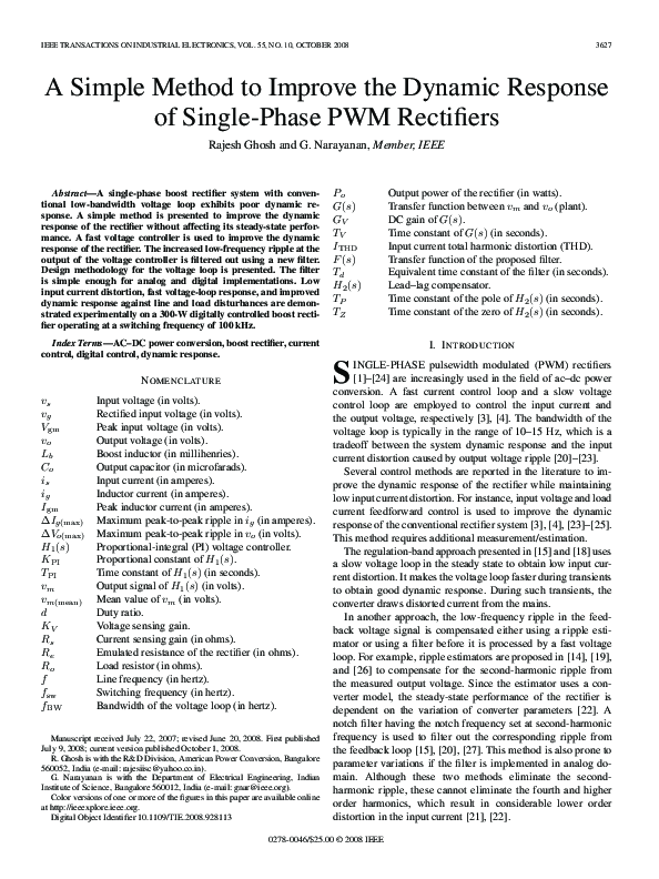 Pdf A Simple Method To Improve The Dynamic Response Of Single Phase Pwm Rectifiers