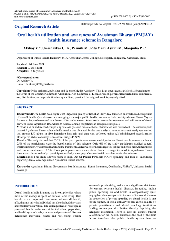 (PDF) Oral health utilization and awareness of Ayushman Bharat (PMJAY ...