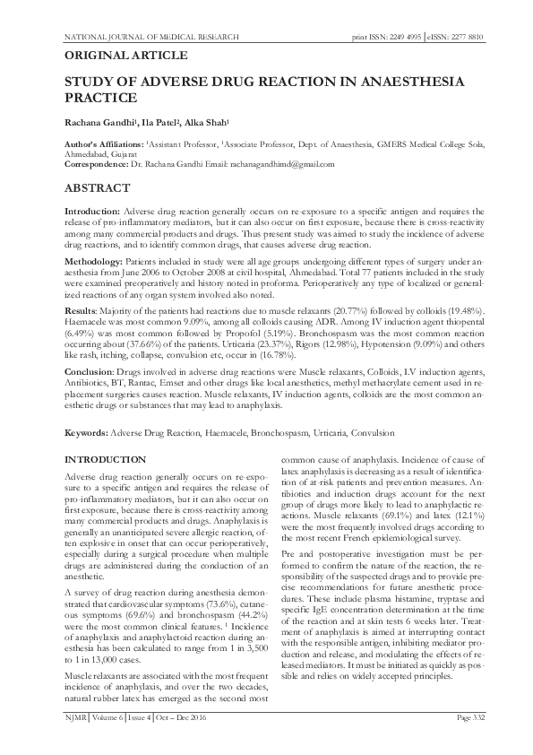 (PDF) STUDY OF ADVERSE DRUG REACTION IN ANAESTHESIA PRACTICE