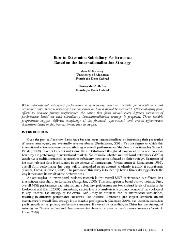 (PDF) How to Determine Subsidiary Performance Based on the Internationalization Strategy