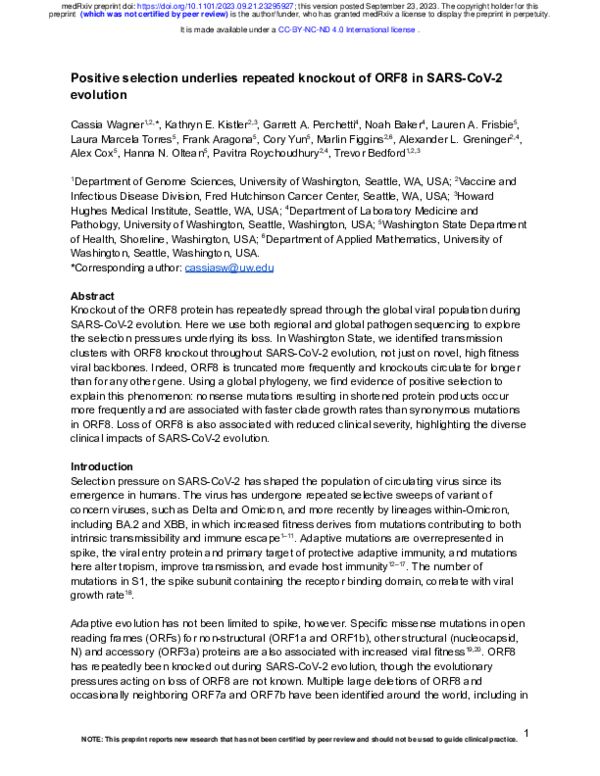 (PDF) Positive selection underlies repeated knockout of ORF8 in SARS ...