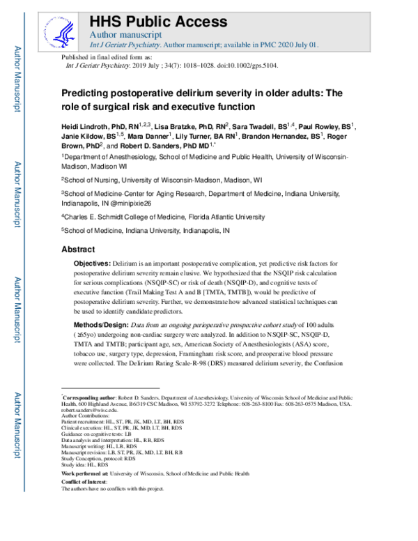 (PDF) Predicting Postoperative Delirium in Seniors