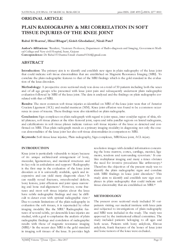 (PDF) PLAIN RADIOGRAPHY & MRI CORRELATION IN SOFT TISSUE INJURIES OF ...