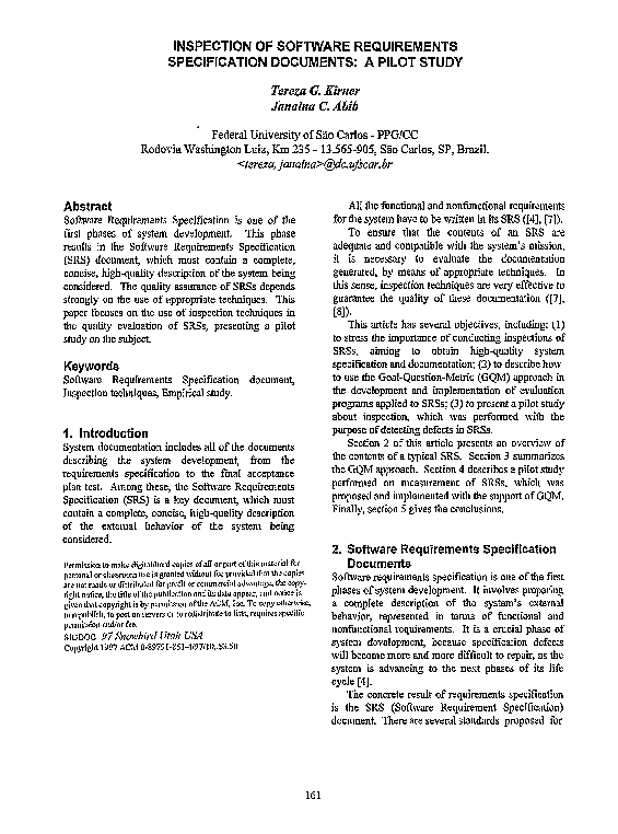 (PDF) Inspection of software requirements specification documents
