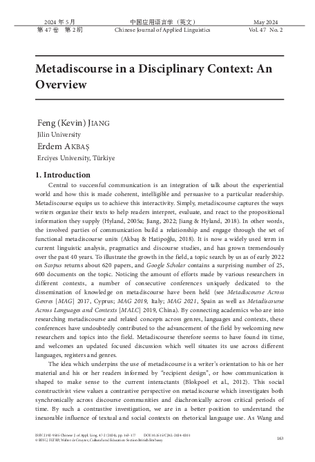 (PDF) Metadiscourse in a Disciplinary Context: An Overview