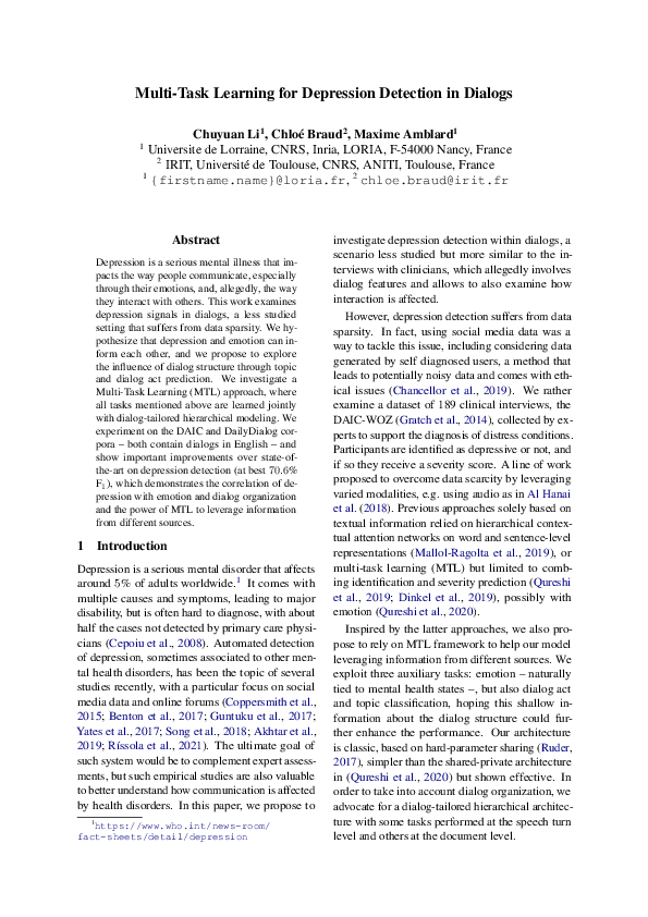 (PDF) Multi-Task Learning for Depression Detection in Dialogs