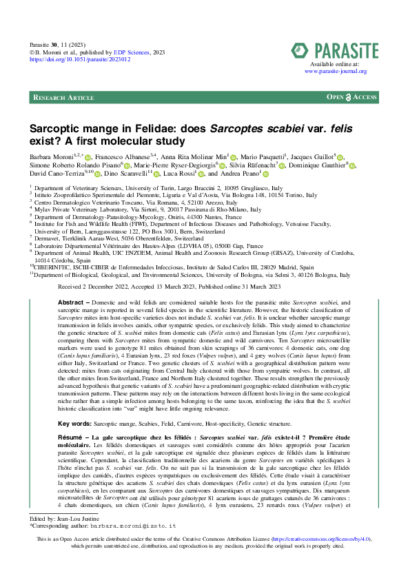 (PDF) Sarcoptic mange in Felidae: does Sarcoptes scabiei var. felis ...