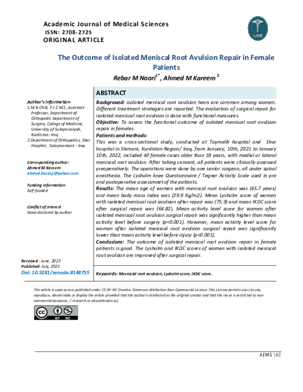 (PDF) The Outcome of Isolated Meniscal Root Avulsion Repair in Female ...