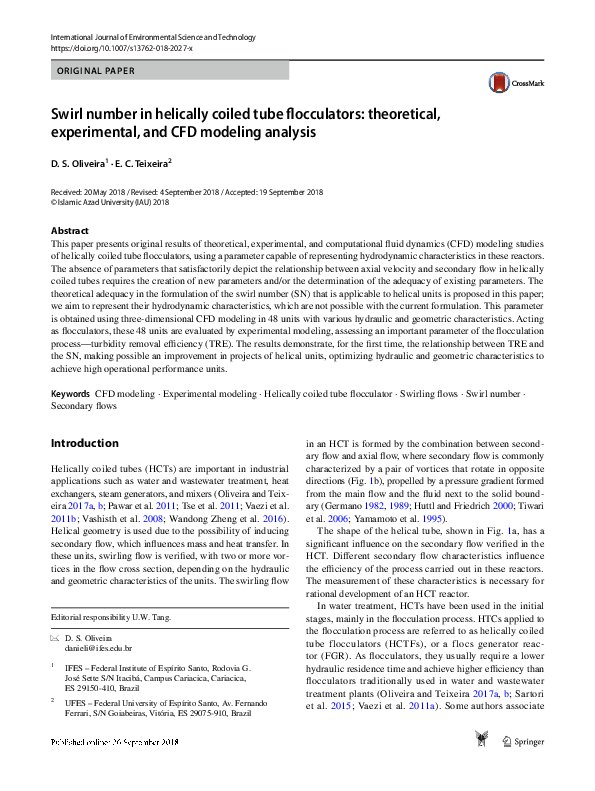 (PDF) Swirl number in helically coiled tube flocculators: theoretical ...