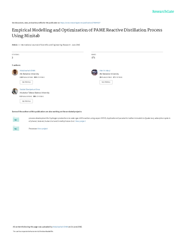 (PDF) Empirical Modelling and Optimization of PAME Reactive Distillation Process Using Minitab