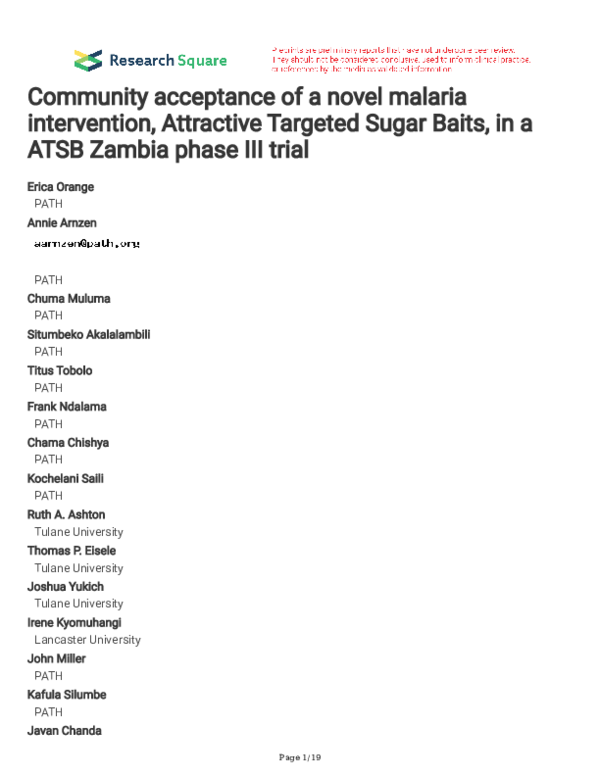 (PDF) Community acceptance of a novel malaria intervention, Attractive ...