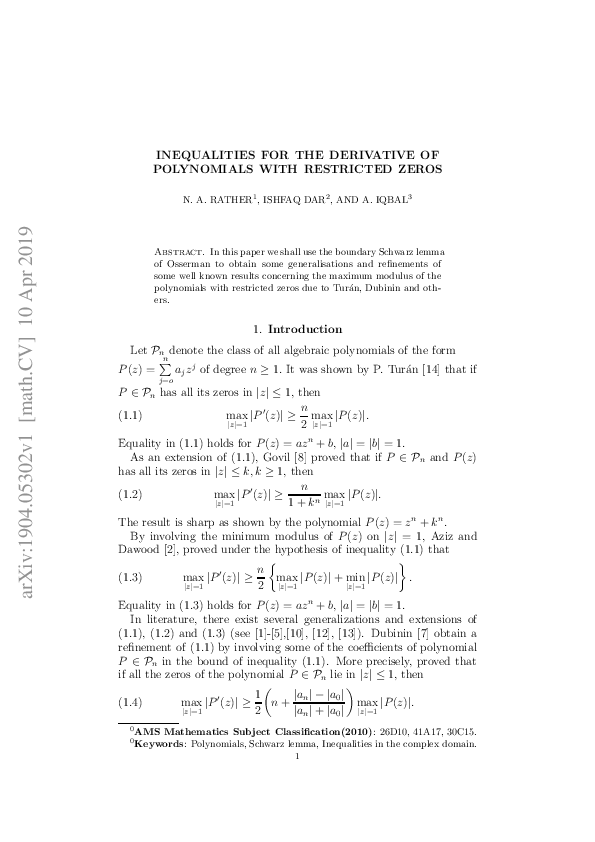 (PDF) Inequalities for the derivative of Polynomials with restricted zeros
