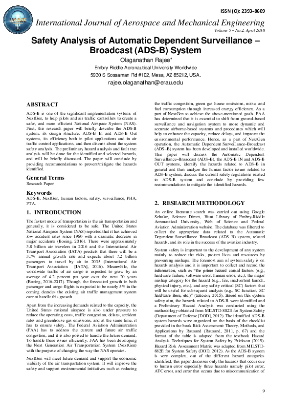 (PDF) Safety Analysis of Automatic Dependent Surveillance-Broadcast (ADS-B) System General Terms