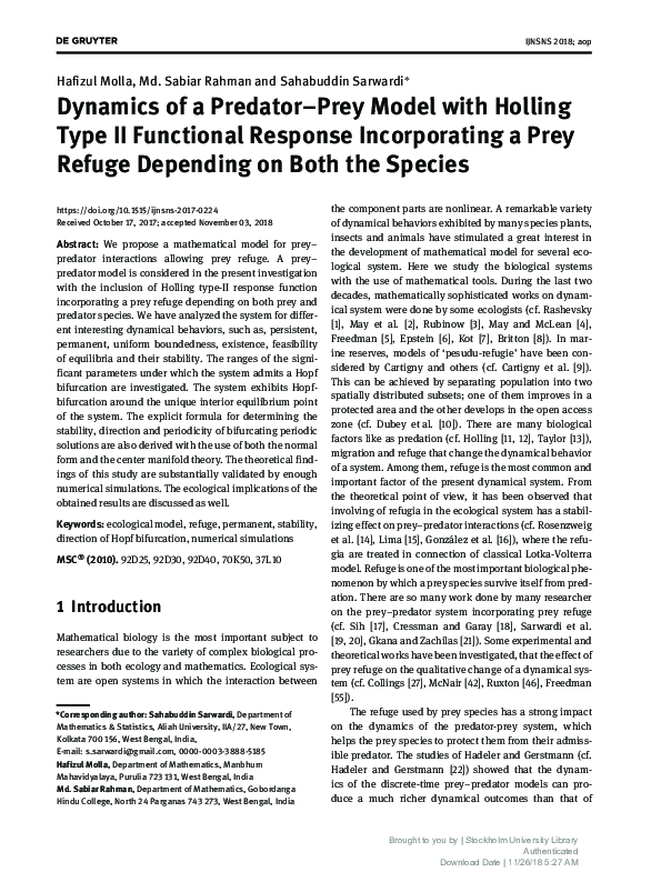(PDF) Dynamics of a Predator–Prey Model with Holling Type II Functional ...