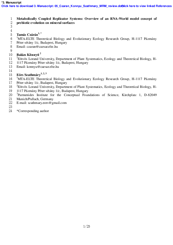 (PDF) Metabolically Coupled Replicator Systems: Overview of an RNA-world model concept of ...