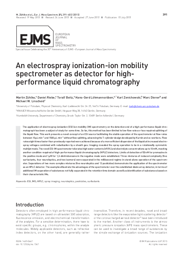 (PDF) An Electrospray Ionization-Ion Mobility Spectrometer as Detector ...