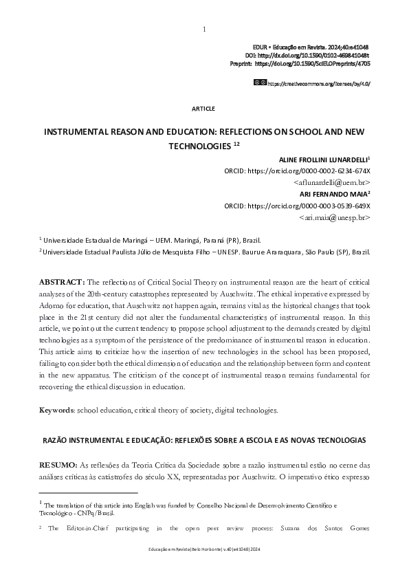 (PDF) Instrumental Reason and Education: Reflections on School and New ...