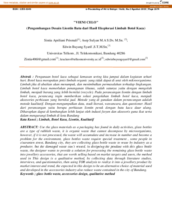 (PDF) VIENI CELO" (Pengembangan Desain Liontin Batu dari Hasil Eksplorasi Limbah Botol Kaca)