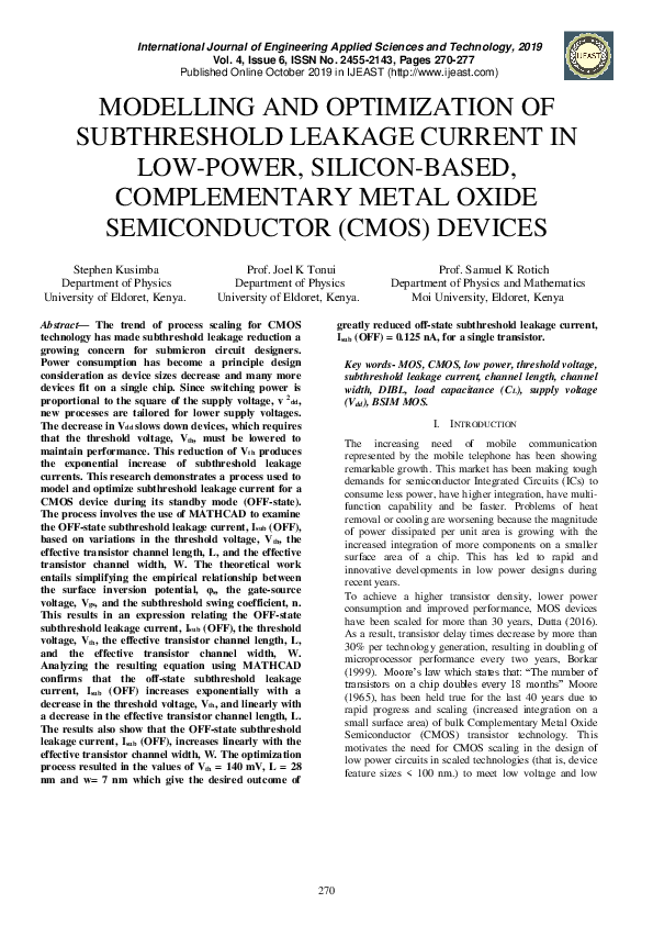 (PDF) Modelling and Optimization of Subthreshold Leakage Current in Low-Power, Silicon-Based ...