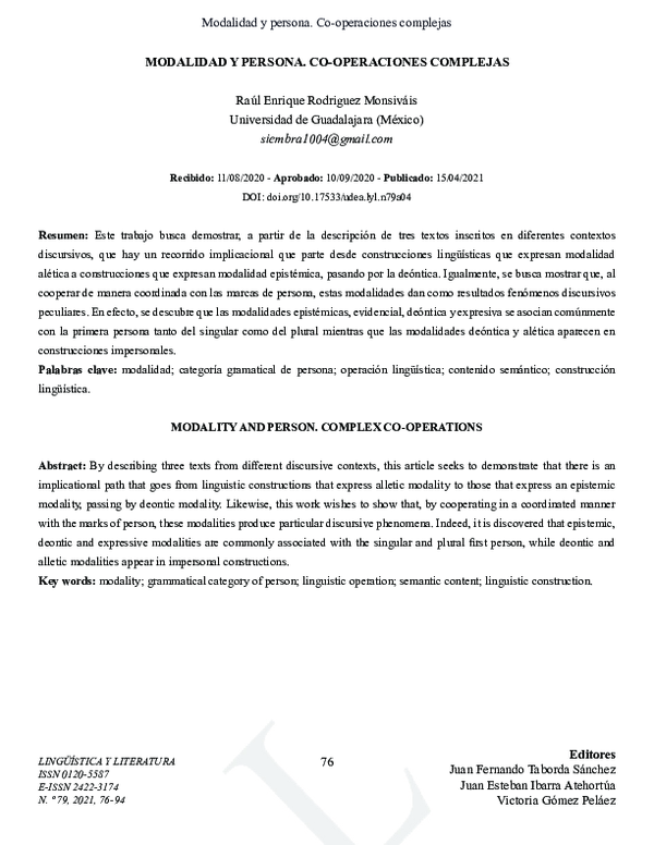 (PDF) Modalidad y persona: co-operaciones complejas