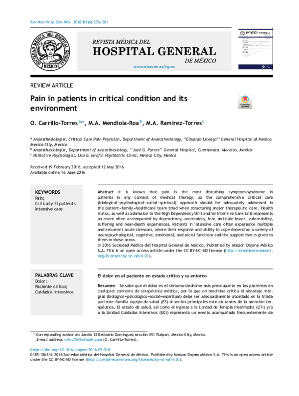 (PDF) Pain in patients in critical condition and its environment