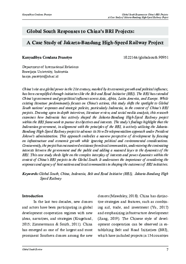 (PDF) Global South Responses to China’s BRI Projects: A Case Study of ...