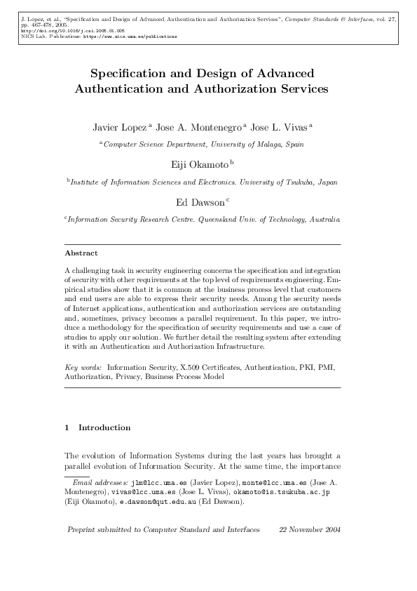 (PDF) Specification and design of advanced authentication and authorization services