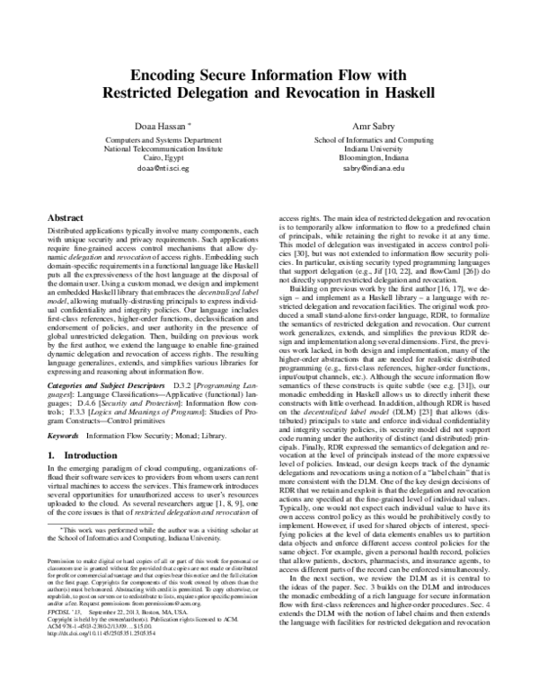 (PDF) Encoding secure information flow with restricted delegation and revocation in Haskell ...