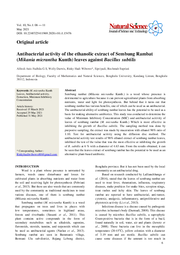 (PDF) Antibacterial Activity of the Ethanolic Extract of Sembung Rambat (Mikania micrantha Kunth ...