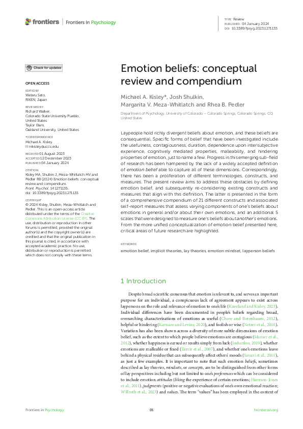 (PDF) Emotion beliefs: conceptual review and compendium