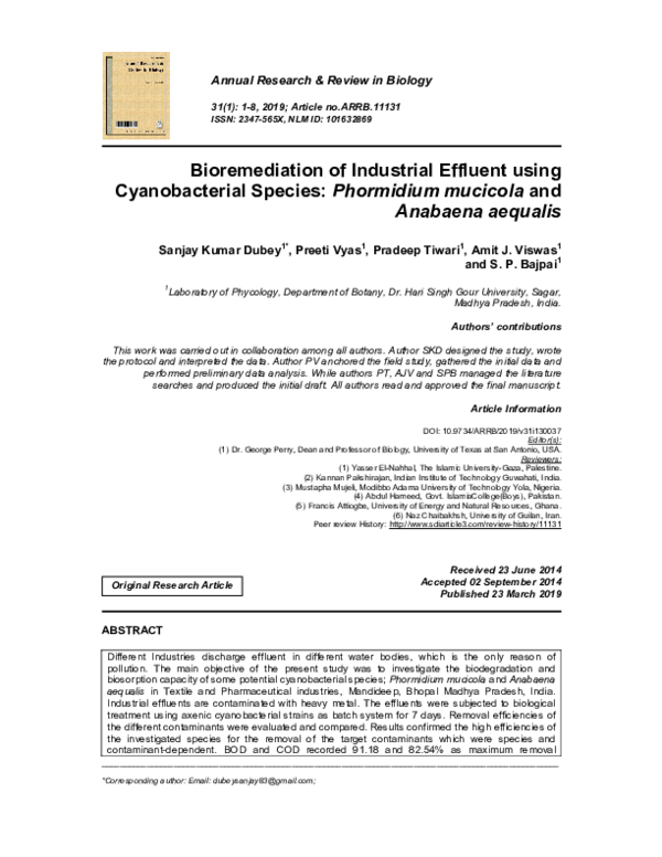 (PDF) Bioremediation of Industrial Effluent using Cyanobacterial ...