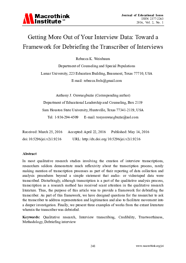 (PDF) Getting More Out of Your Interview Data: Toward a Framework for Debriefing the Transcriber ...
