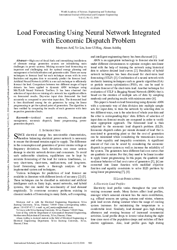 (PDF) Load Forecasting Using Neural Network Integrated with Economic Dispatch Problem